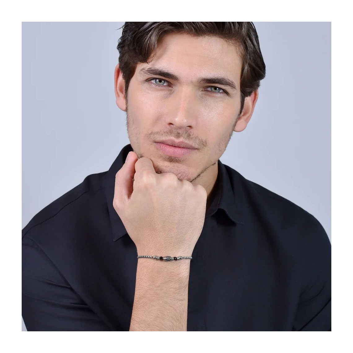 LUCA BARRA BRACCIALE UOMO IN ACCIAIO AGATA NERA ED ELEMENTI